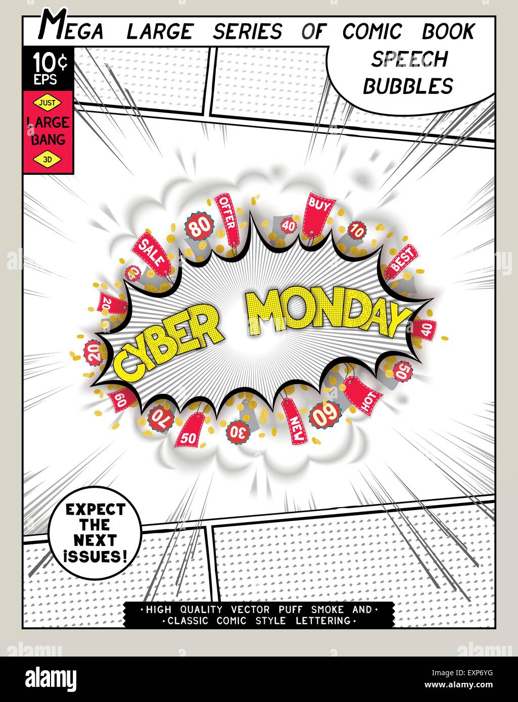 Cyber monday. Explosion in comic style with lettering and realistic ...