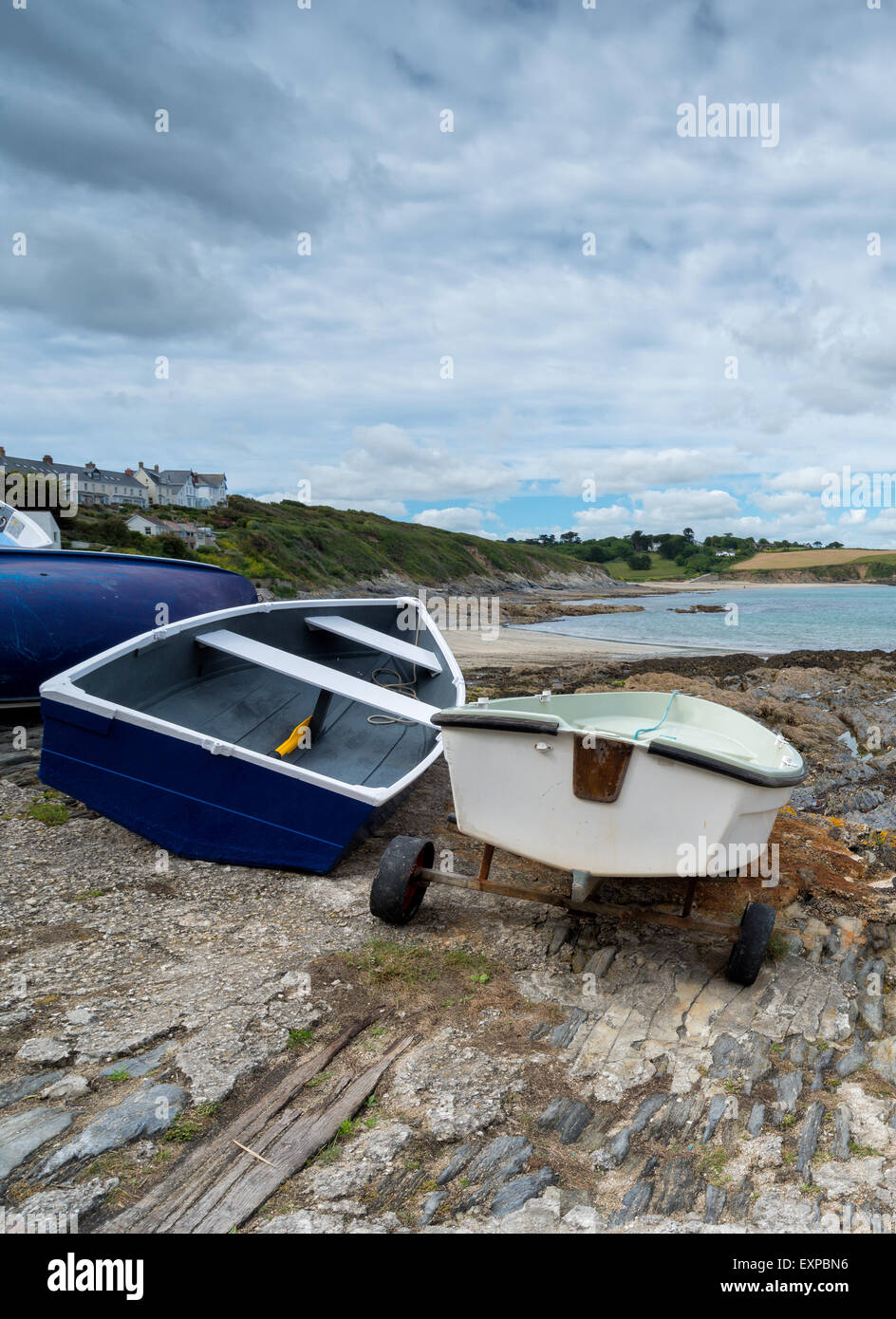 Small dinghys on the slipway at Portscatho harbour on the Cornish coast ...