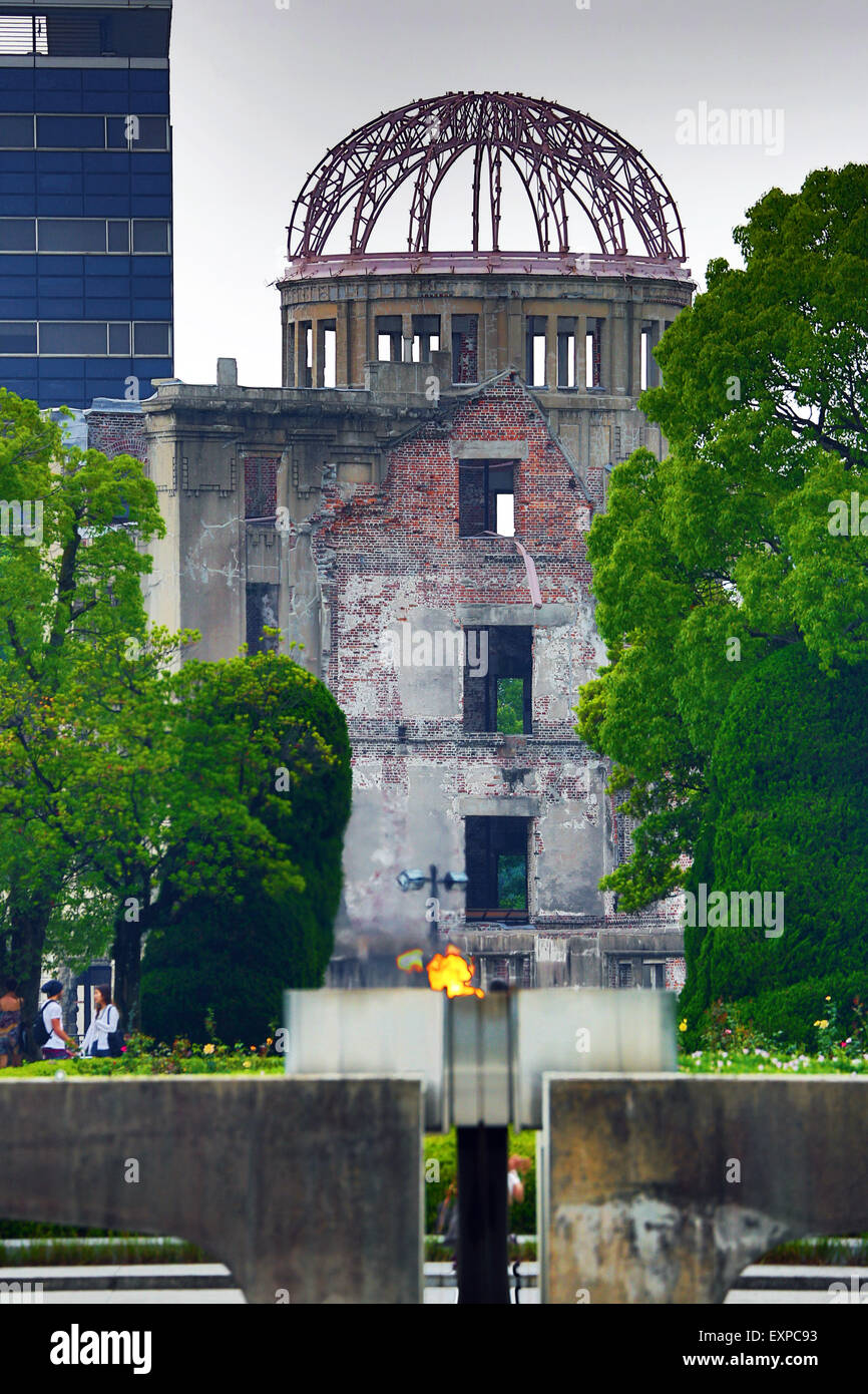 The Genbaku Domu, Atomic Bomb Dome, and the Peace Flame in the Hiroshima Peace Memorial Park ...