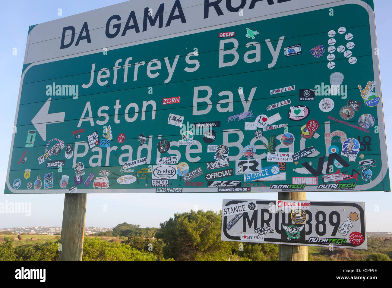 Jeffreys Bay, South Africa road sign covered in surfing stickers Stock ...