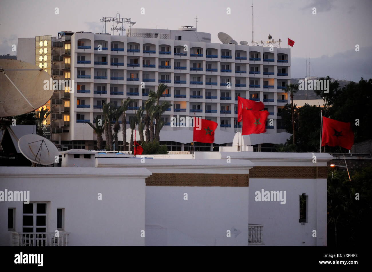 Hotels in Agadir with moroccan flags on the roofs Stock Photo - Alamy