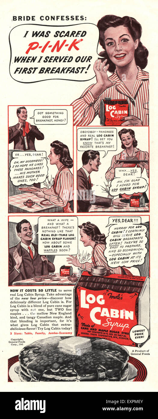 1940s USA Log Cabin Maple Syrup Magazine Advert Stock Photo - Alamy