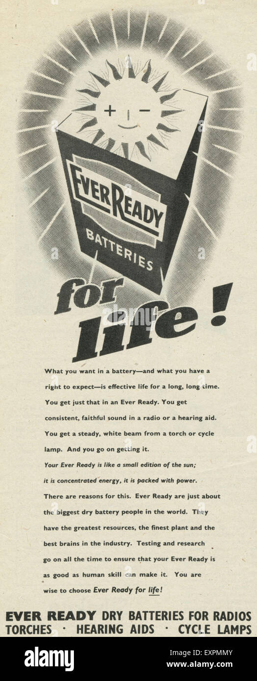 1950s UK Ever Ready Batteries Magazine Advert Stock Photo - Alamy