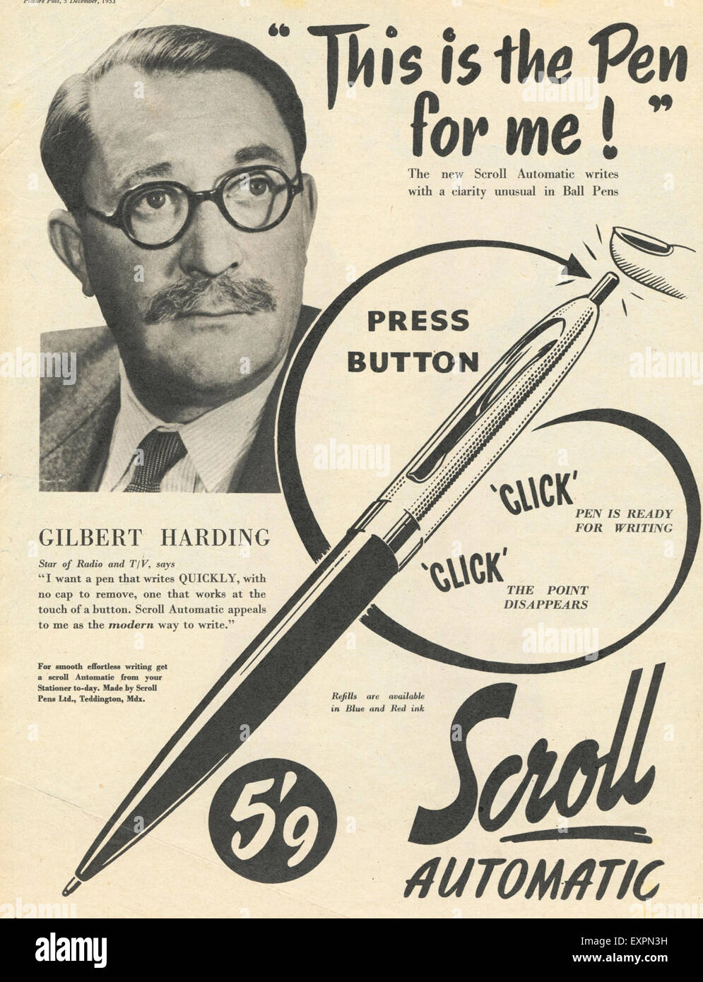 1950s UK Scroll Pen Magazine Advert Stock Photo - Alamy