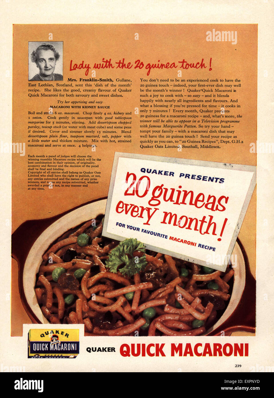 1950s UK Quaker Quick Macaroni Pasta Magazine Advert Stock Photo - Alamy