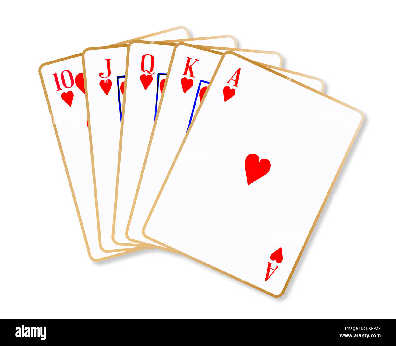 Playing cards making a ace hearts flush over a white background Stock ...