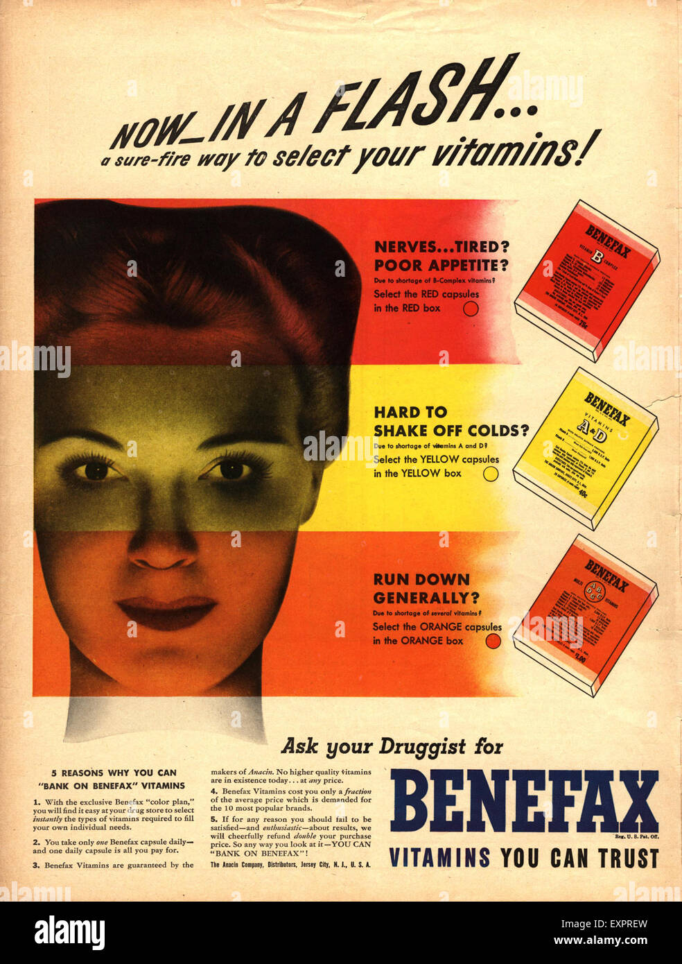 1940s USA Benefax Vitamins Magazine Advert Stock Photo - Alamy