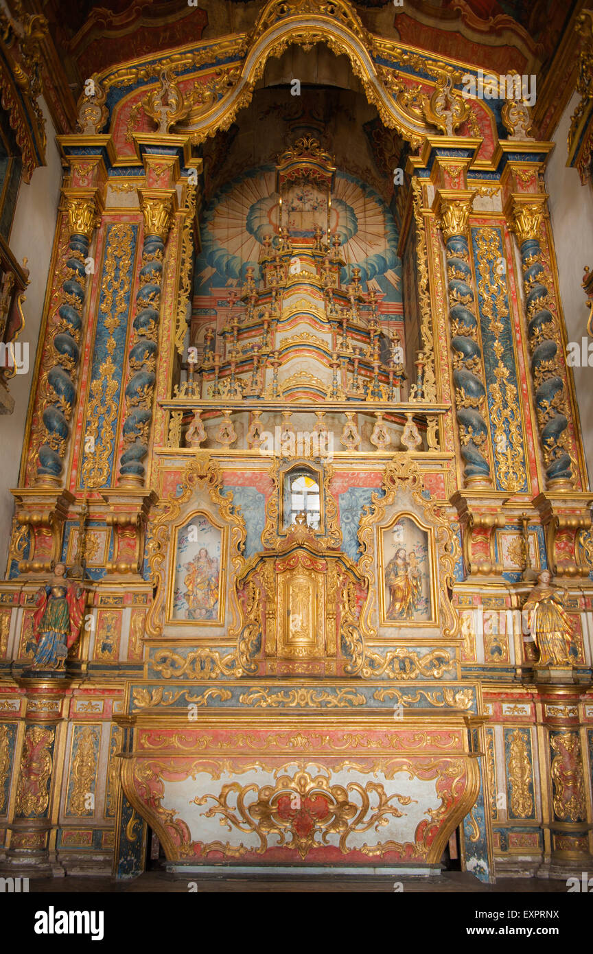 Penedo, Alagoas State, Brazil. Inside baroque church, gold and colouful ...