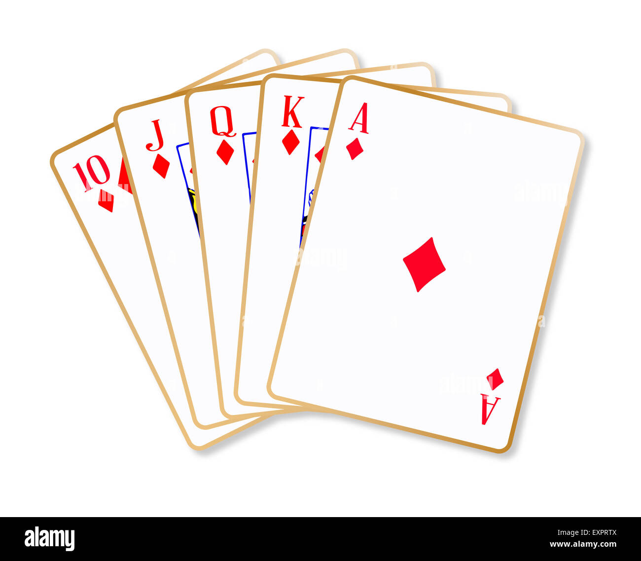 Playing cards making a ace diamonds flush over a white background Stock ...