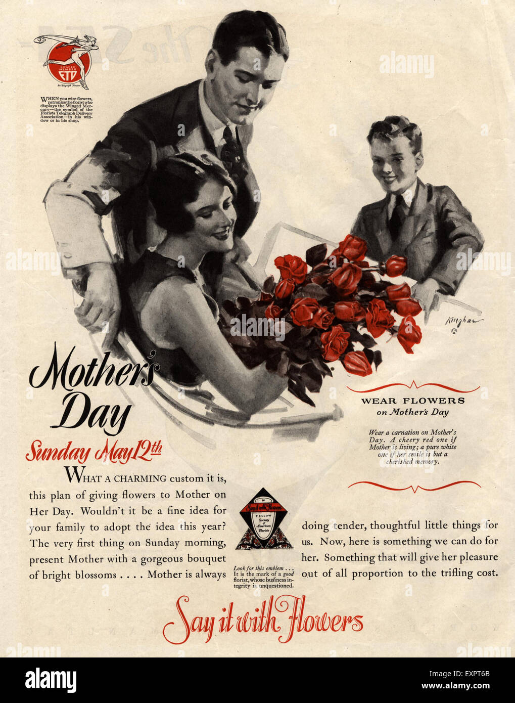 1930s USA Interflora Flowers Mother's day Magazine Advert Stock Photo ...