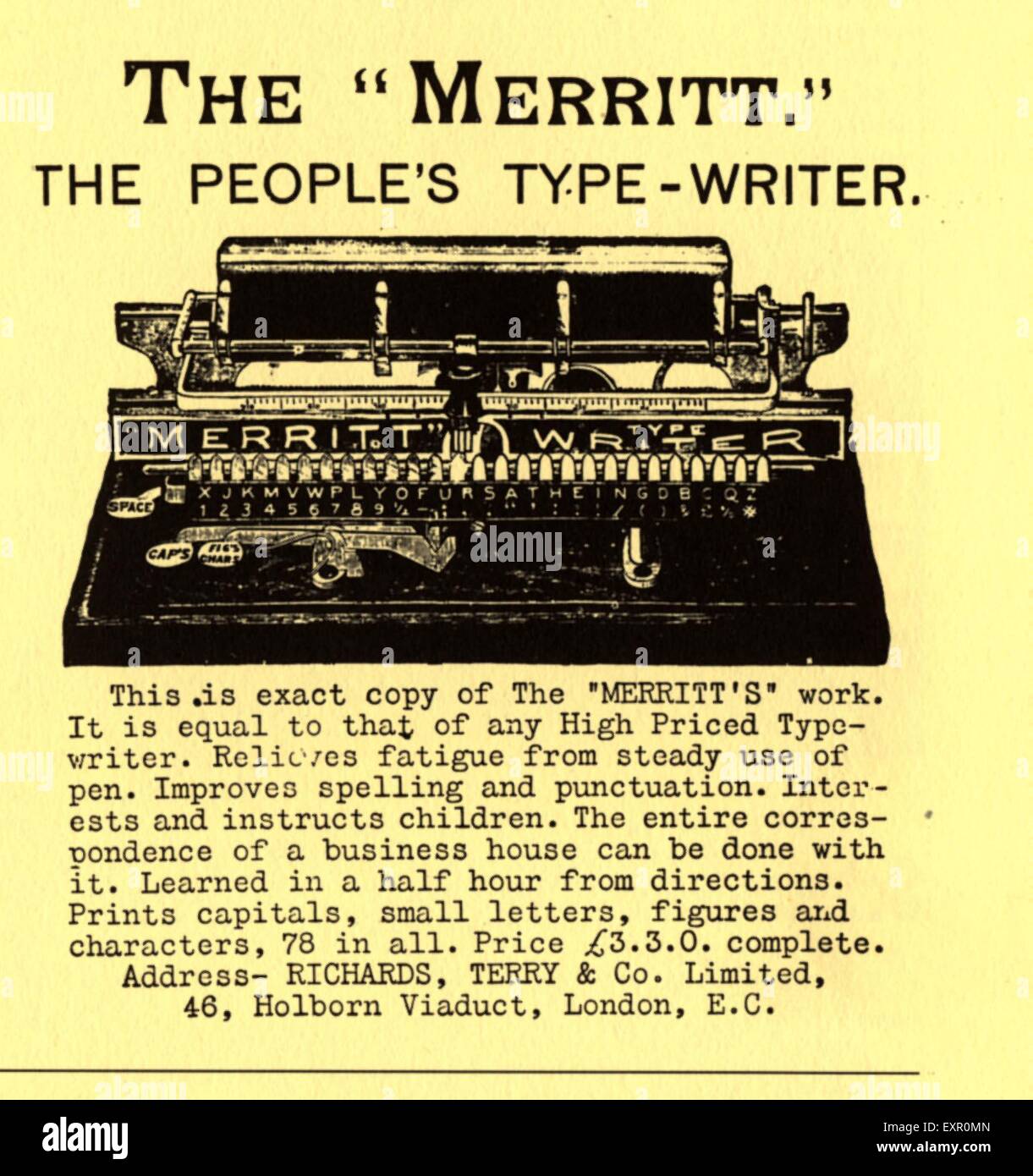 1890s UK Victorian Merritt Typewriters Inventions Magazine Advert Stock ...