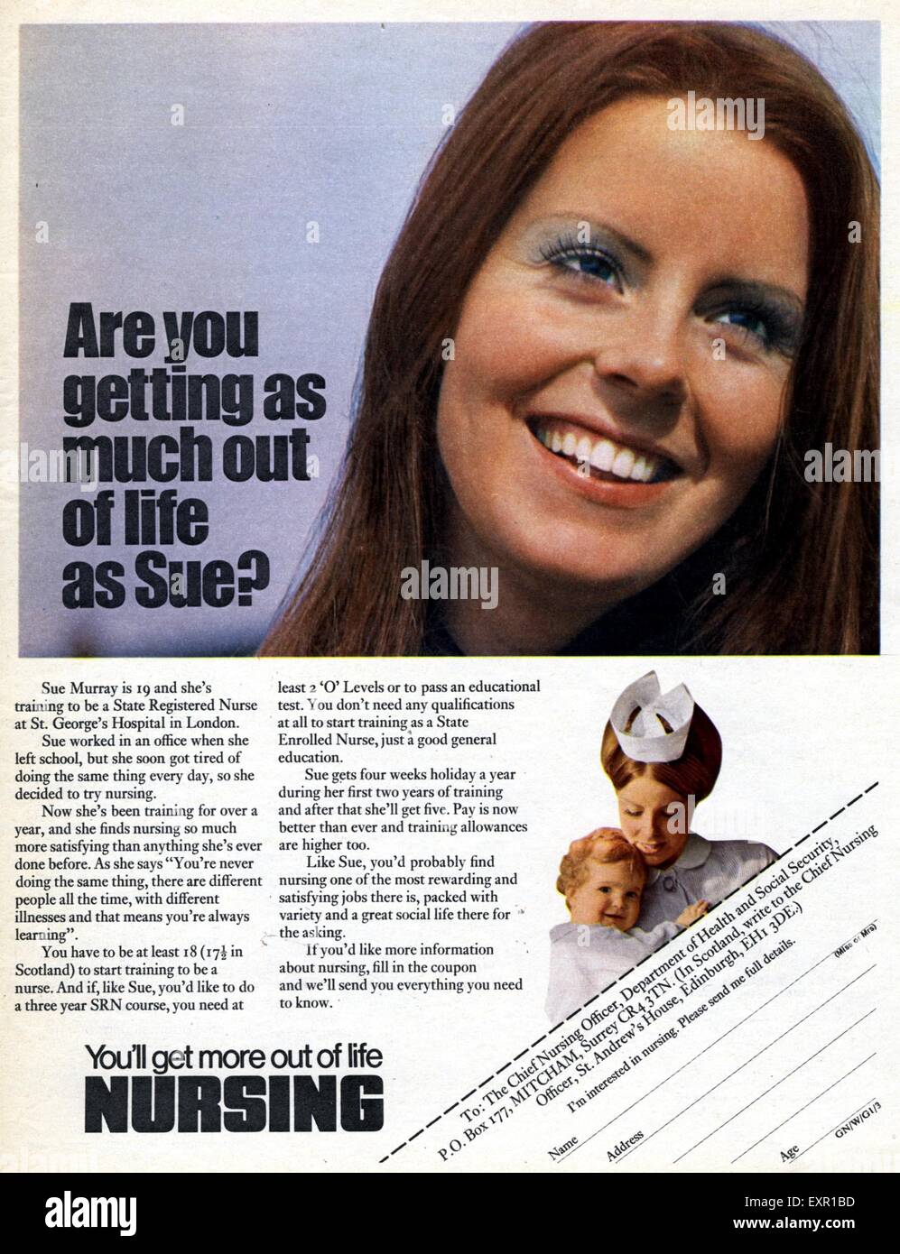 1970s UK Sue Recruitment Nursing Magazine Advert Stock Photo - Alamy