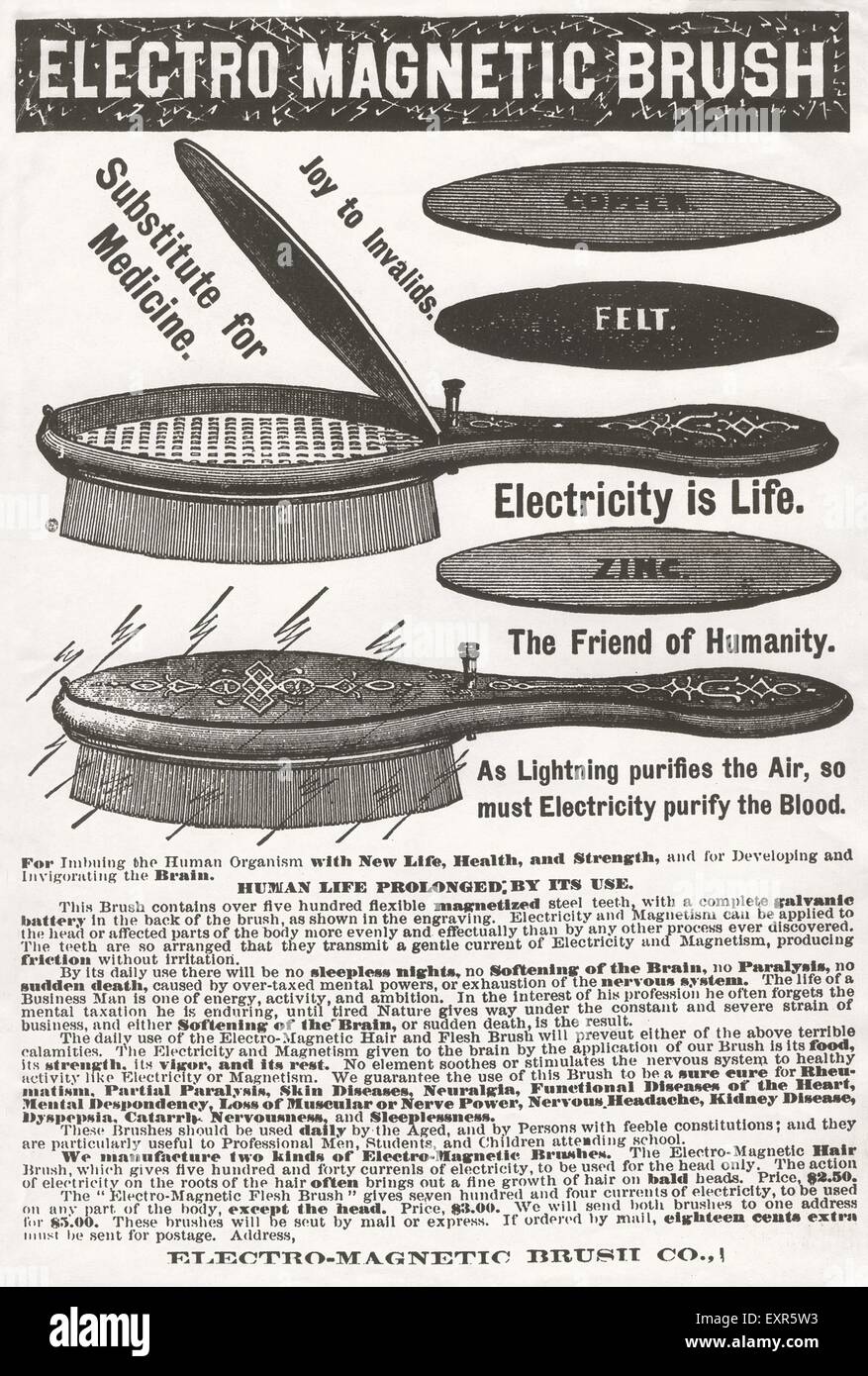 1890s USA Inventions Electro Magnetic Brush Magazine Advert Stock Photo ...
