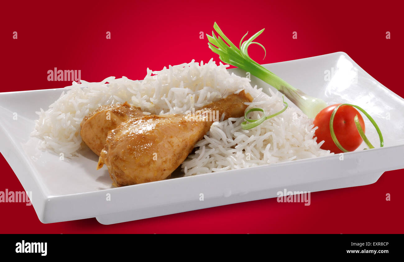 Fried Chicken & Boiled Rice Stock Photo - Alamy