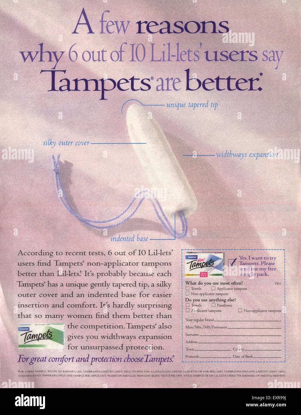 1990s UK Tampax Magazine Advert Stock Photo - Alamy