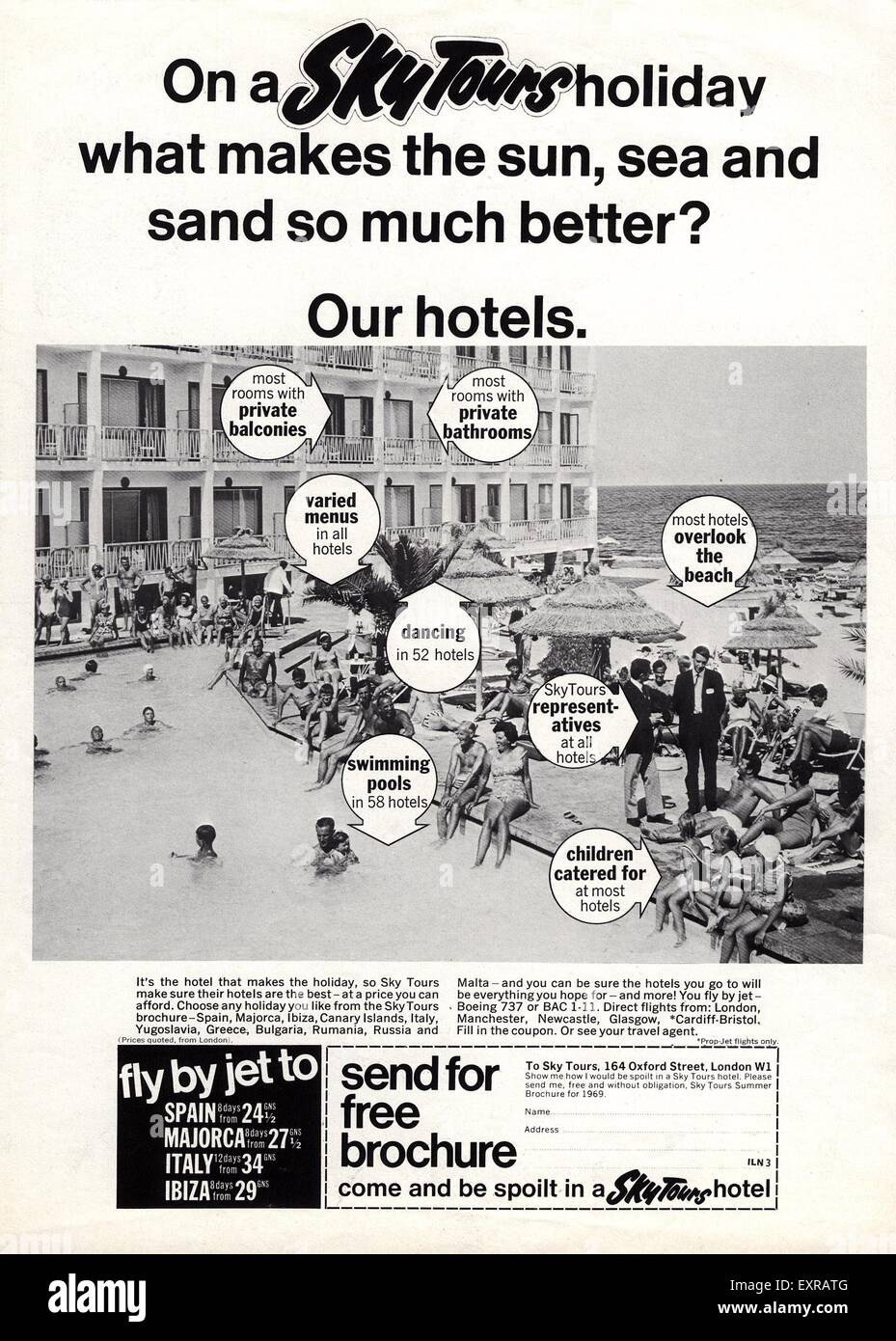 1960s UK Skytours Thompson Airlines Holidays Magazine Advert Stock ...