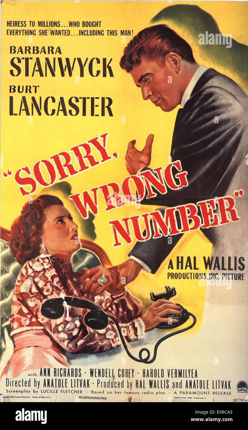 1940s USA Sorry Wrong Number Film Poster Stock Photo - Alamy