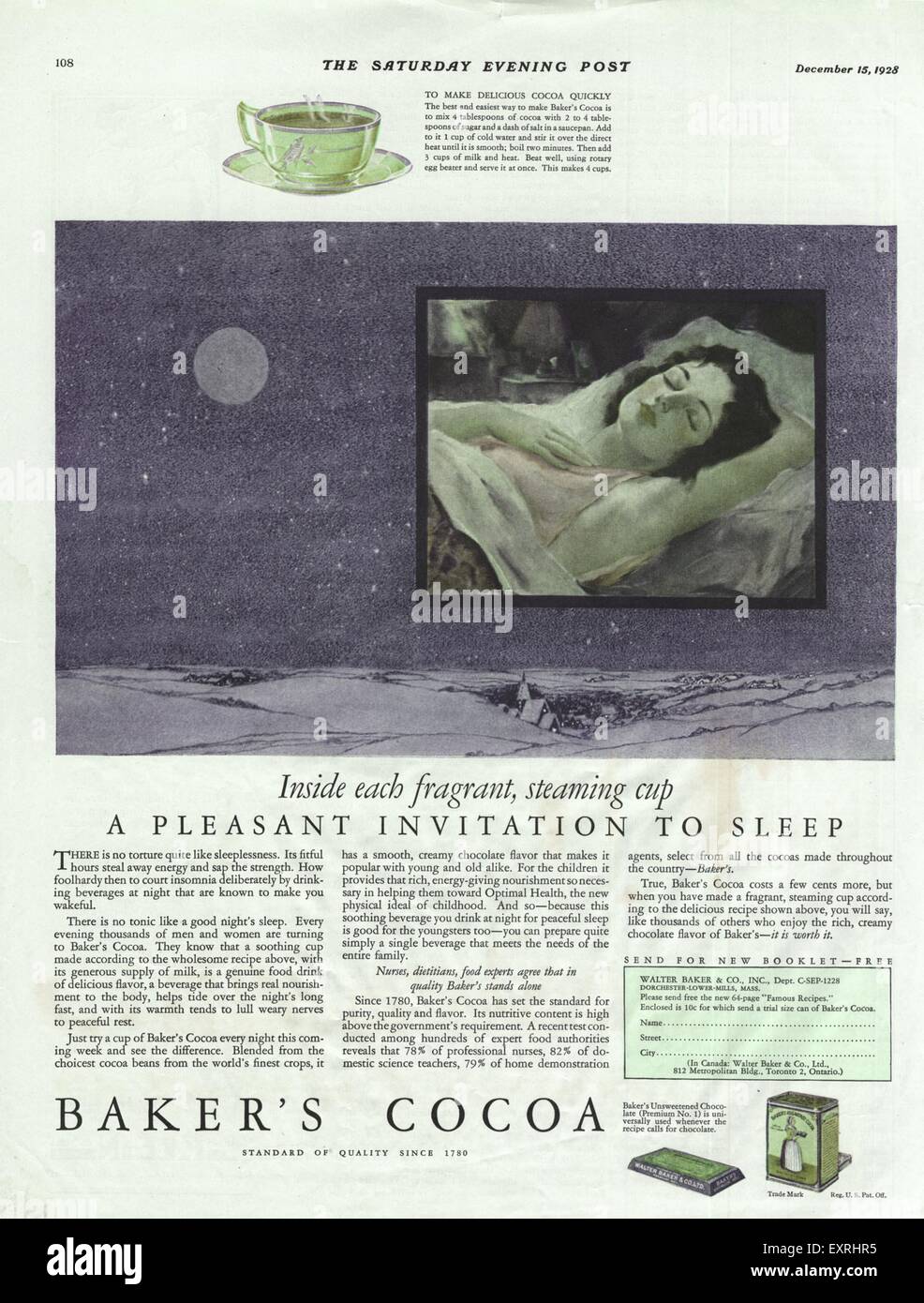 1920s USA Baker's Cocoa Magazine Advert Stock Photo - Alamy