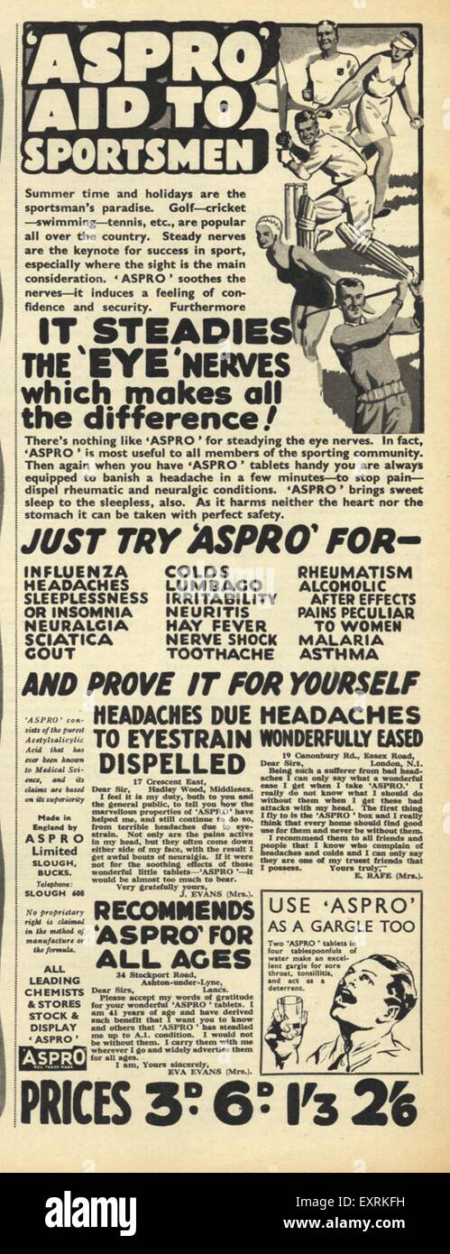 1930s UK Aspro Magazine Advert Stock Photo - Alamy