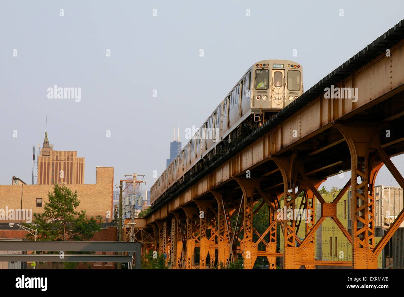 CTA Blue Line elevated rapid transit train viewed from Bloomingdale ...