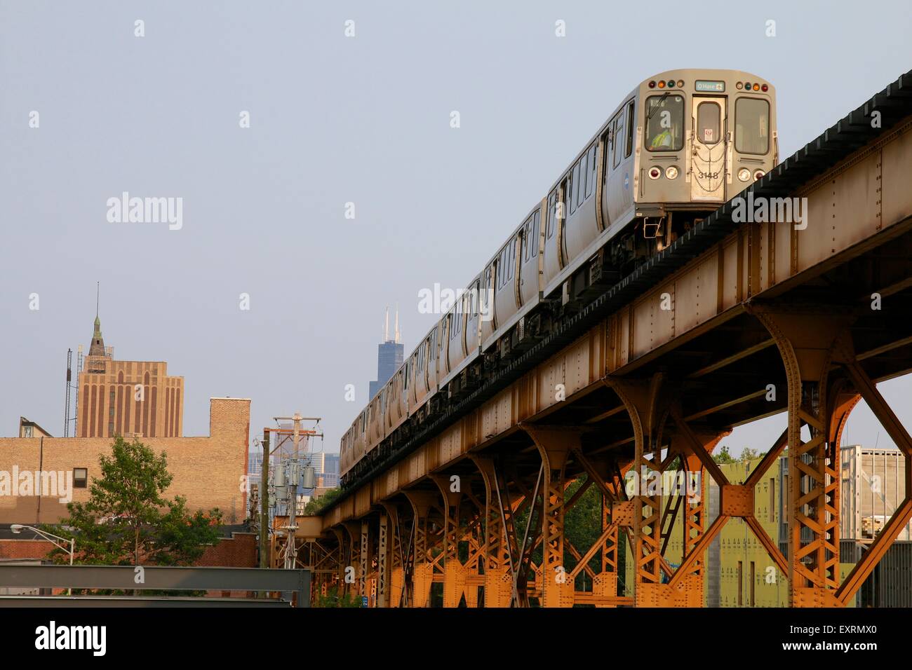 CTA Blue Line elevated rapid transit train viewed from Bloomingdale ...
