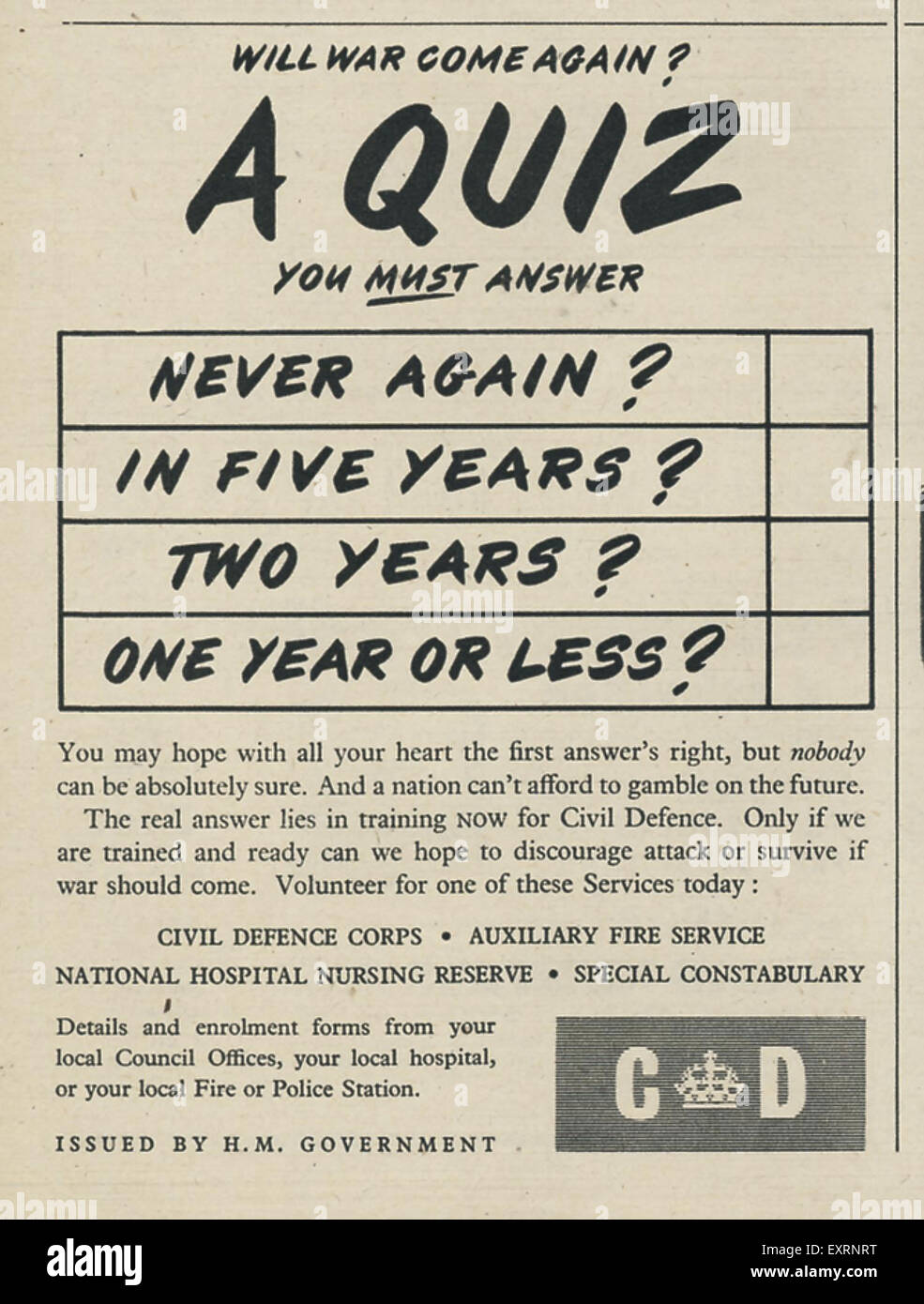 1950s UK Civil Defence Corps Quizzes Magazine Advert Stock Photo - Alamy