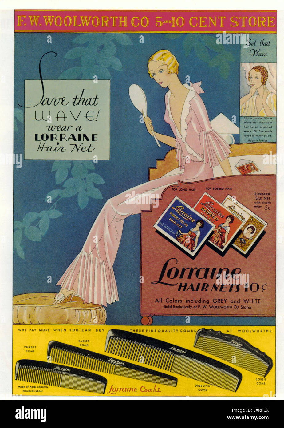 1930s USA Lorraine Hairnets Lorraine combs Magazine Advert Stock Photo ...