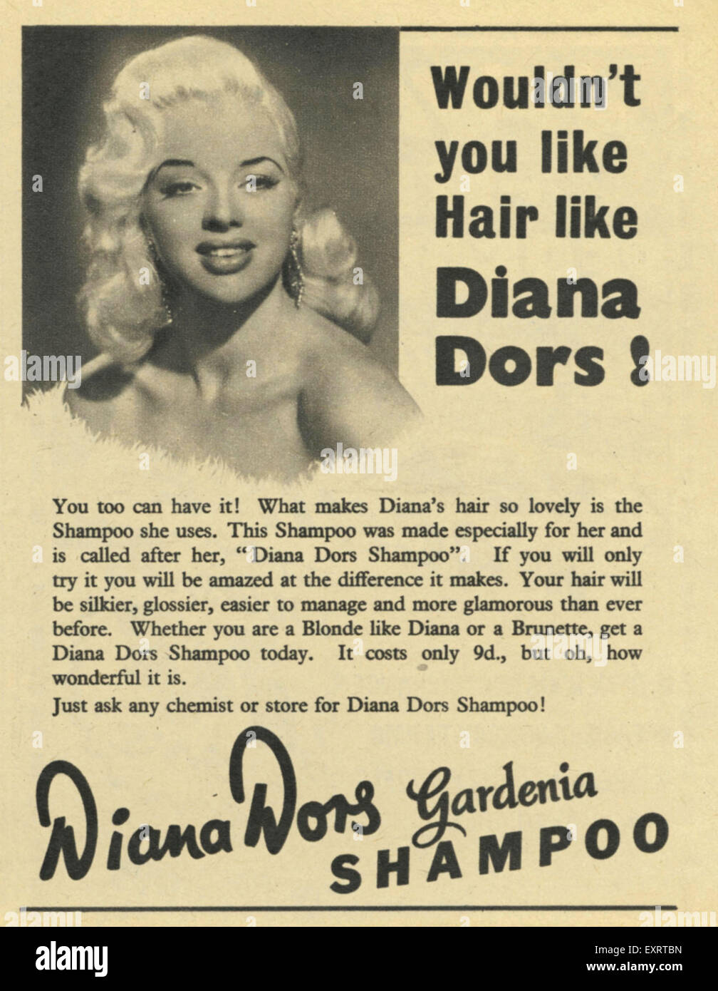1950s UK Diana Dors Gardenia Shampoo Magazine Advert Stock Photo - Alamy