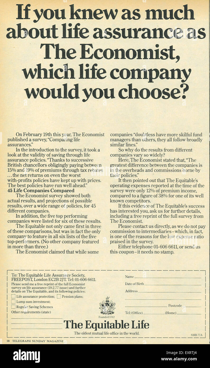 1970s UK The Equitable Life Magazine Advert Stock Photo - Alamy