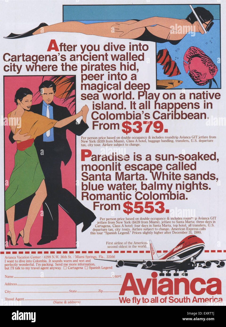 1980s USA Avianca Airlines Magazine Advert Stock Photo - Alamy