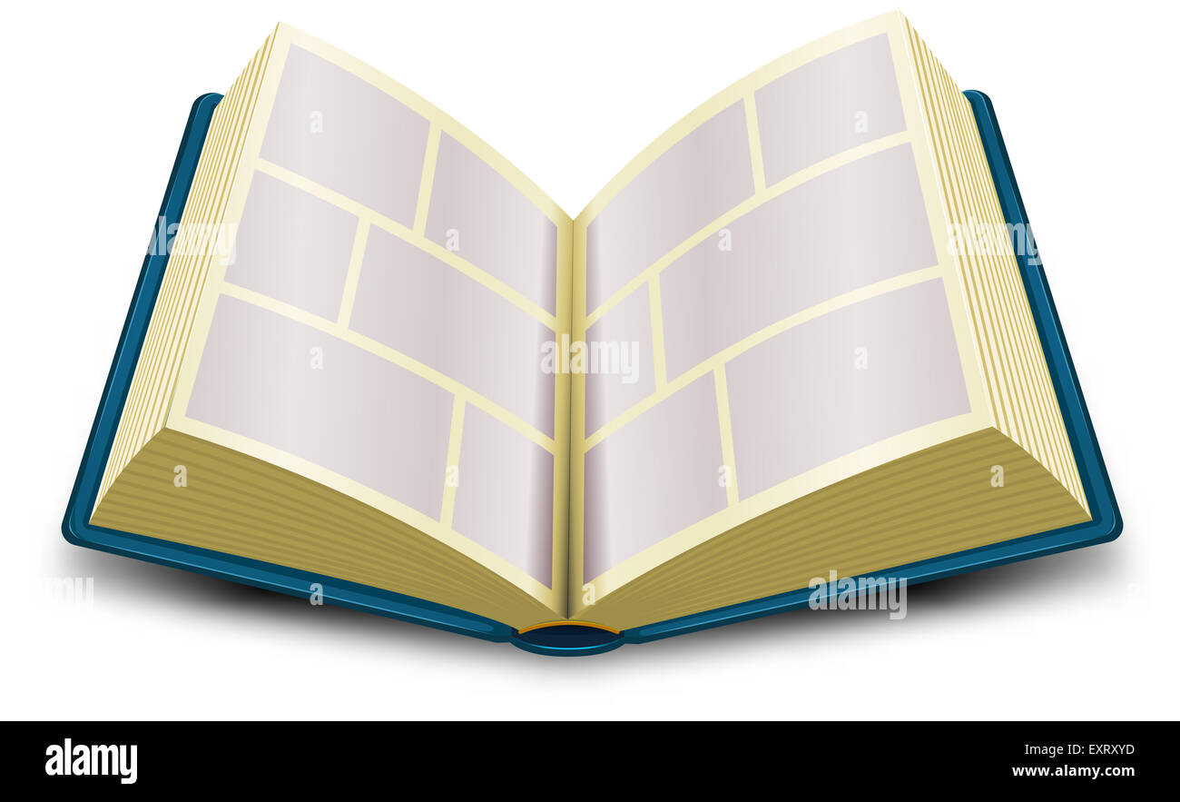 Illustration of a cartoon opened blue comic book symbol Stock Photo - Alamy