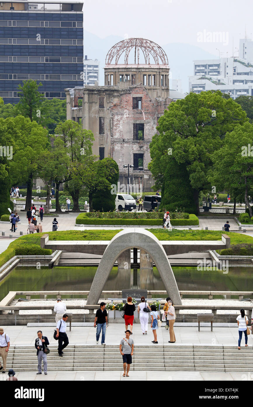 The Genbaku Domu, Atomic Bomb Dome, and the Memorial Cenotaph in the Hiroshima Peace Memorial ...