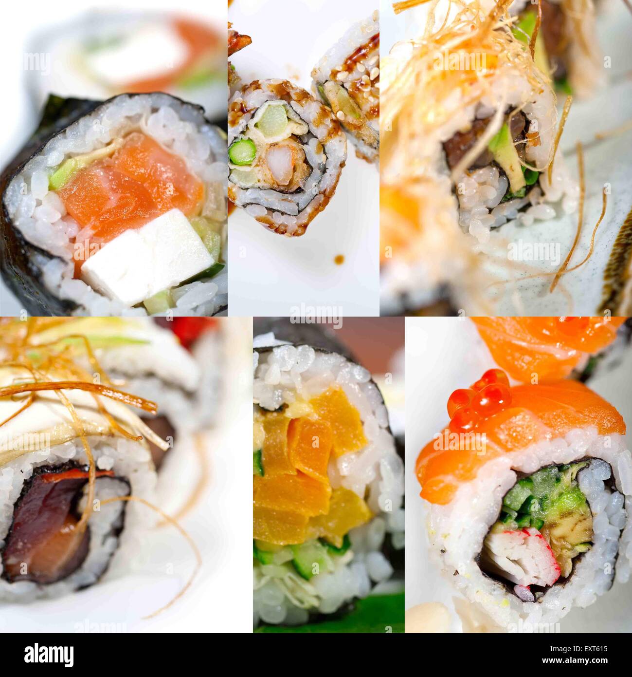 selection of many Japanese sushi dish collage over white frame Stock ...