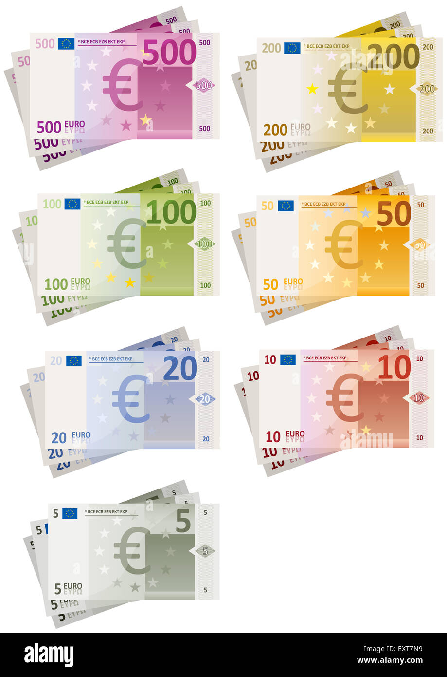 Illustration of a set of glossy euro currency bills paper with every ...