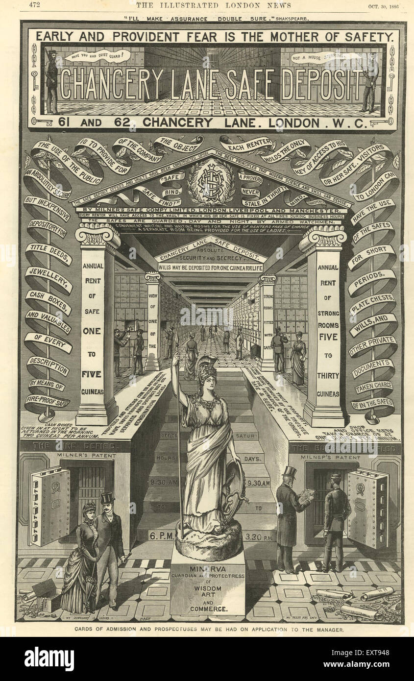 1880s UK Chancery Lane Safety Deposits Boxes Magazine Advert Stock ...