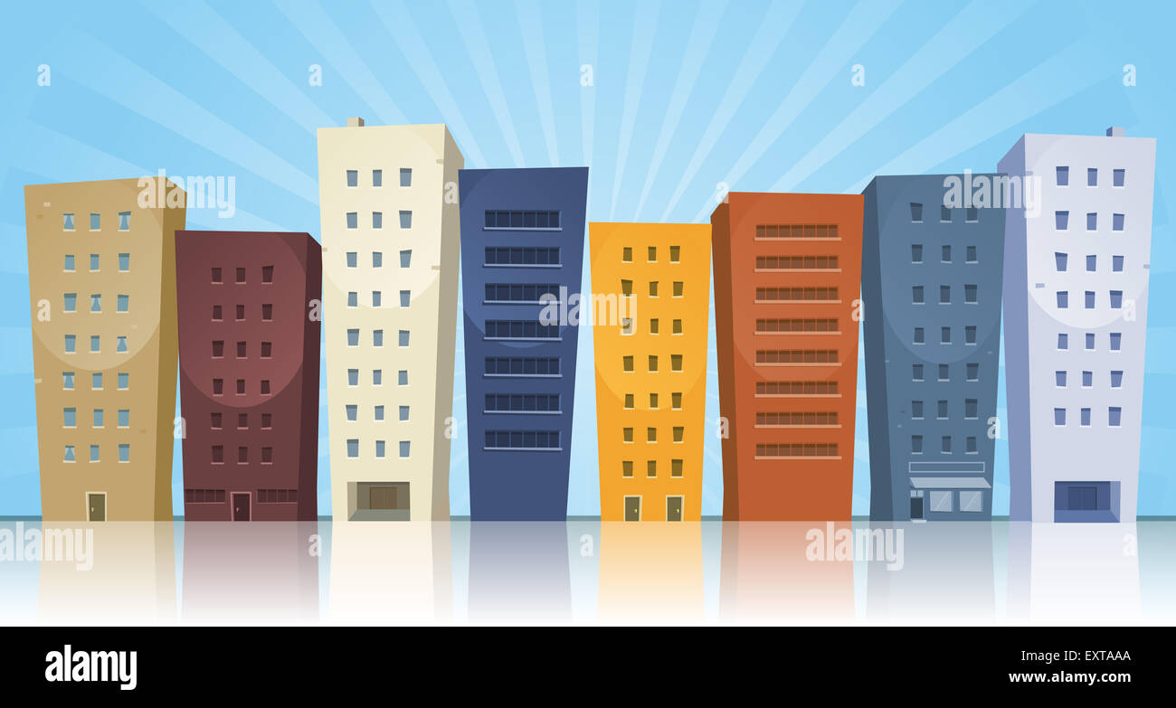 Illustration of a cartoon row of various cityscape buildings with ...