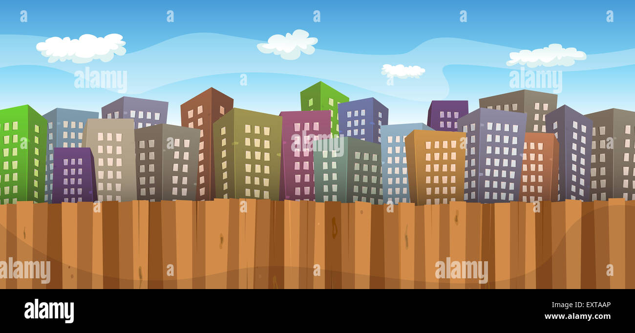 Illustration of a cartoon big cityscape background with various colored ...