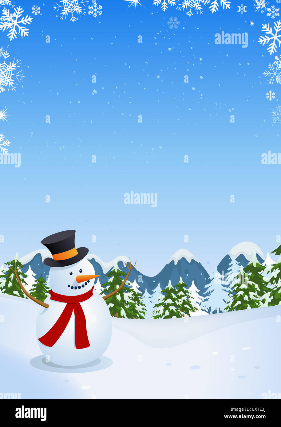 Illustration of a vertical poster with cartoon snowman inside winter ...
