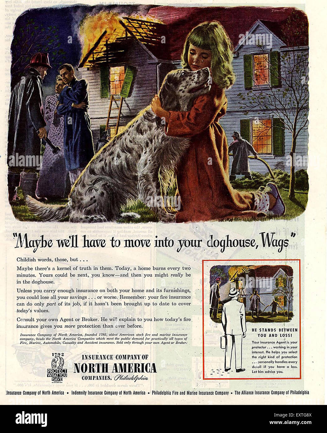 1950s USA Insurance Company Of North America Magazine Advert Stock ...