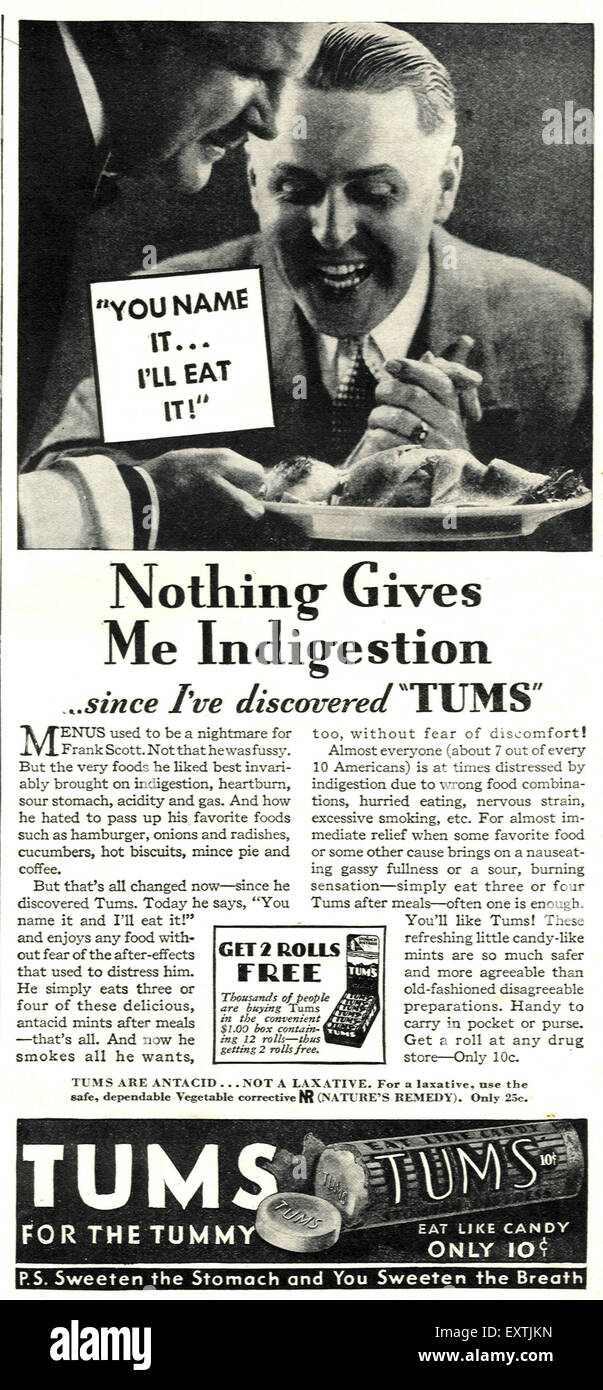 1930s USA Tums Magazine Advert Stock Photo - Alamy