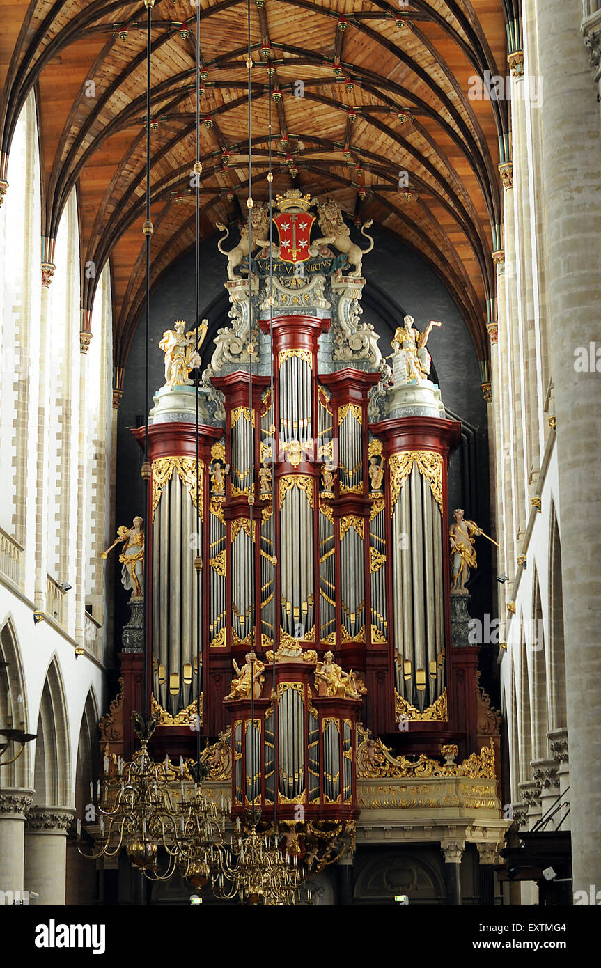 A grand pipe organ in the The Grote Kerk or St. Bavokerk, in Haarlem ...