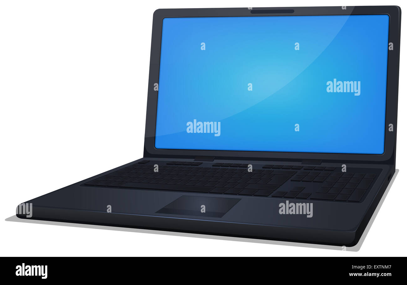 Illustration of a black laptop computer with blue screen for technology ...