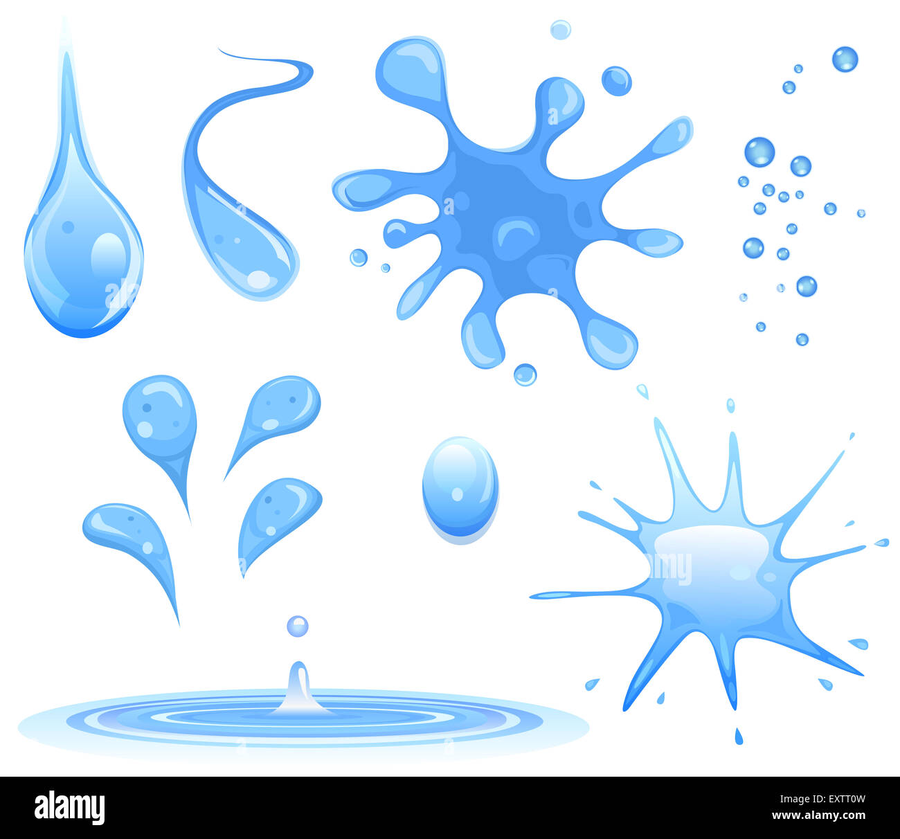 Illustration of a set of cartoon water splashes, drops, flow, tides and drink wet shapes and ...