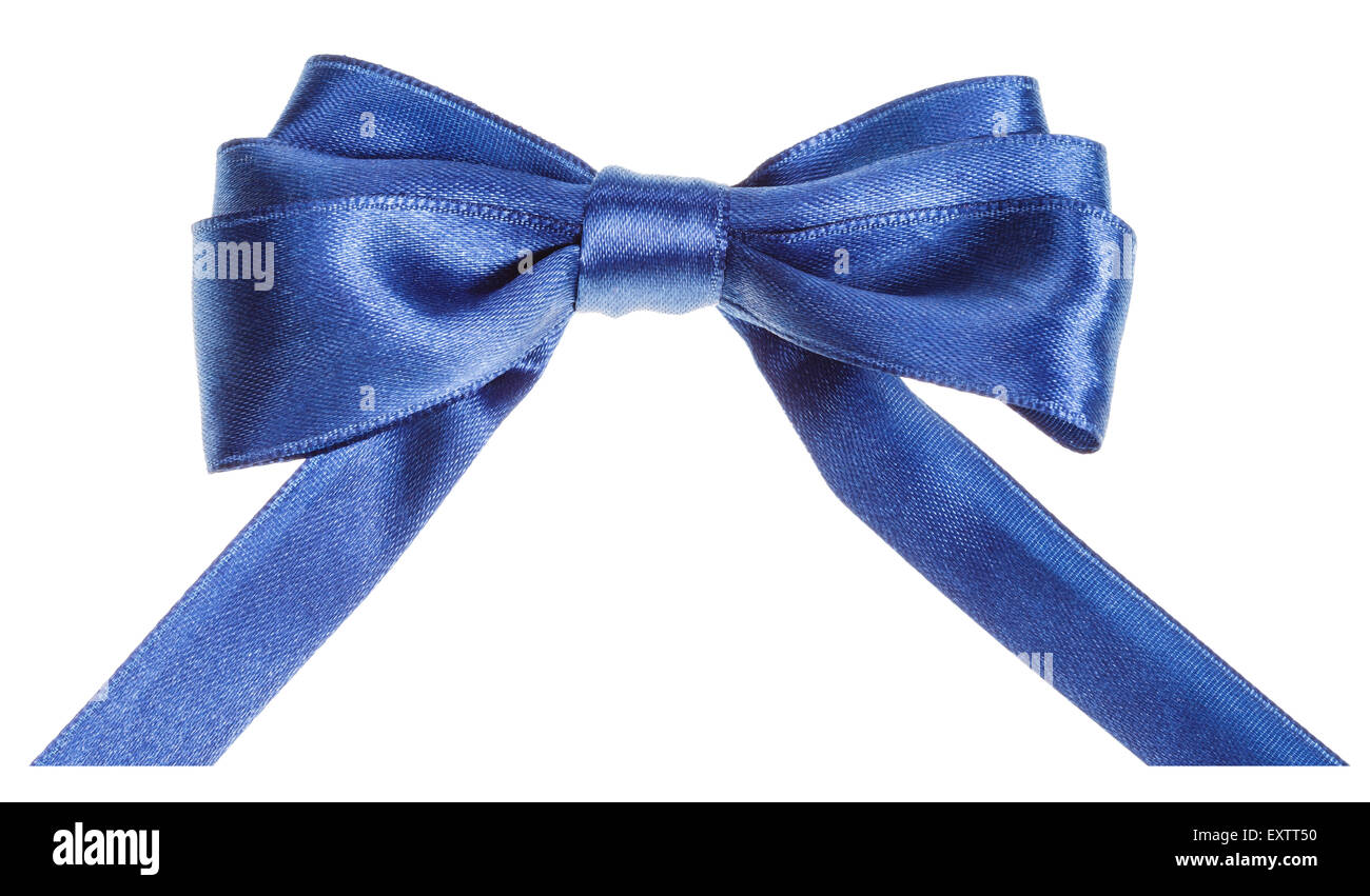 real blue satin ribbon bow with horizontal cut ends isolated on white ...