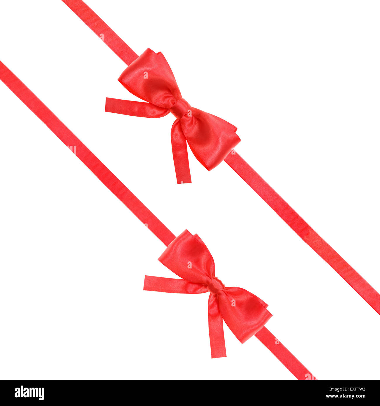 two red satin bows and two diagonal ribbons isolated on square white ...