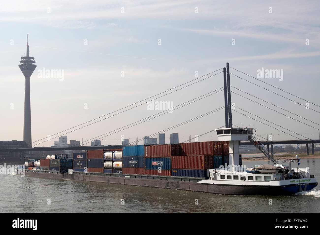 Container barge, river Rhine, Dusseldorf, Germany Stock Photo - Alamy