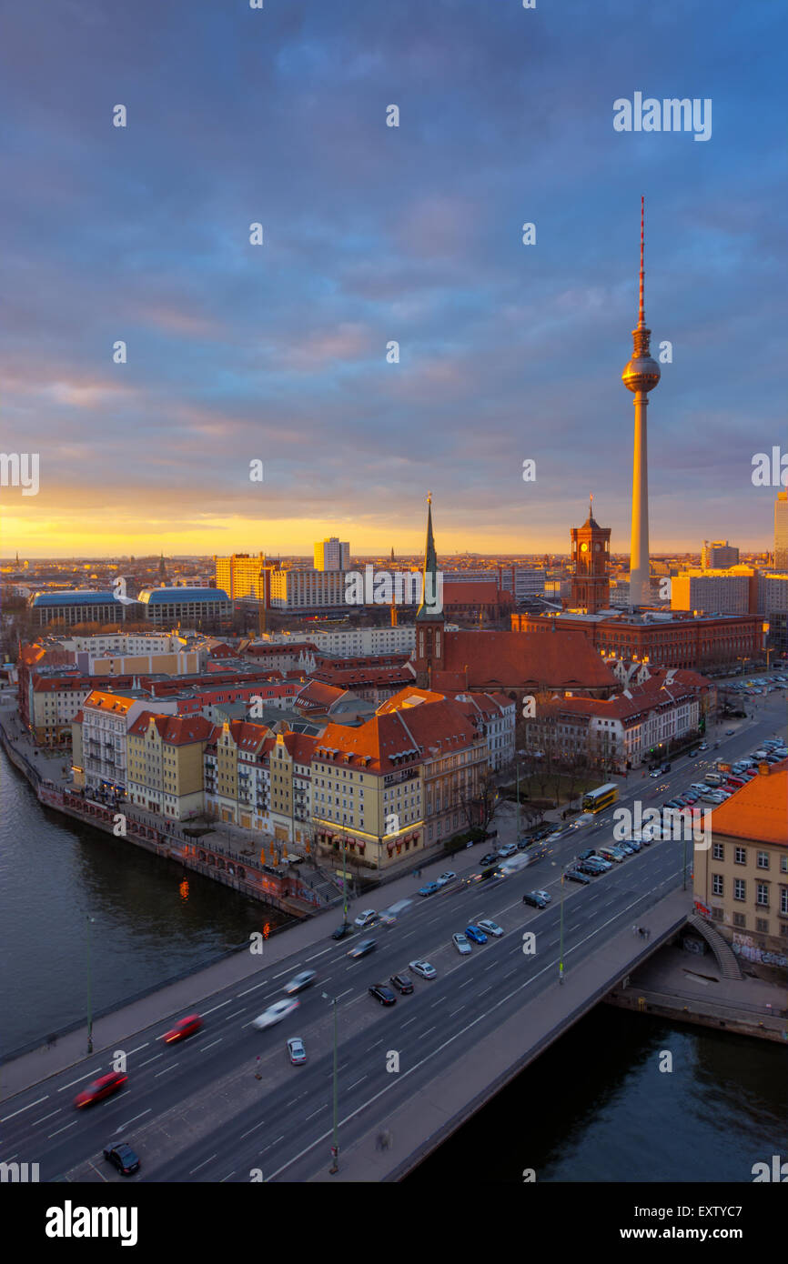 Berlin Alexanderplatz with the television tower at sunset Stock Photo ...