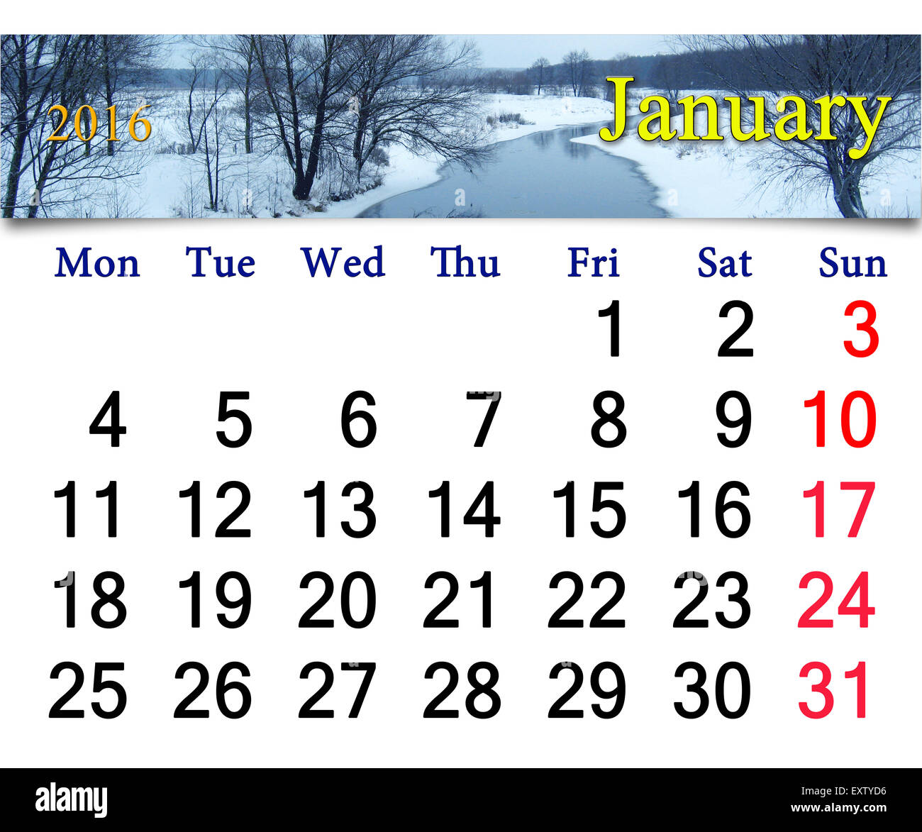 beautiful calendar for January 2016 with winter river Stock Photo - Alamy