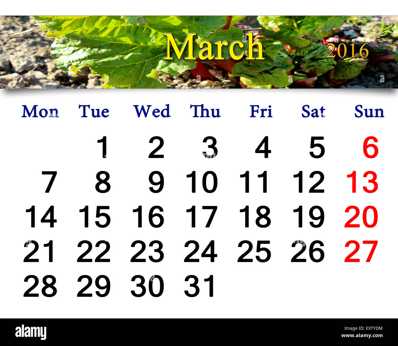 calendar for March 2016 with ribbon with green rhubarb Stock Photo - Alamy