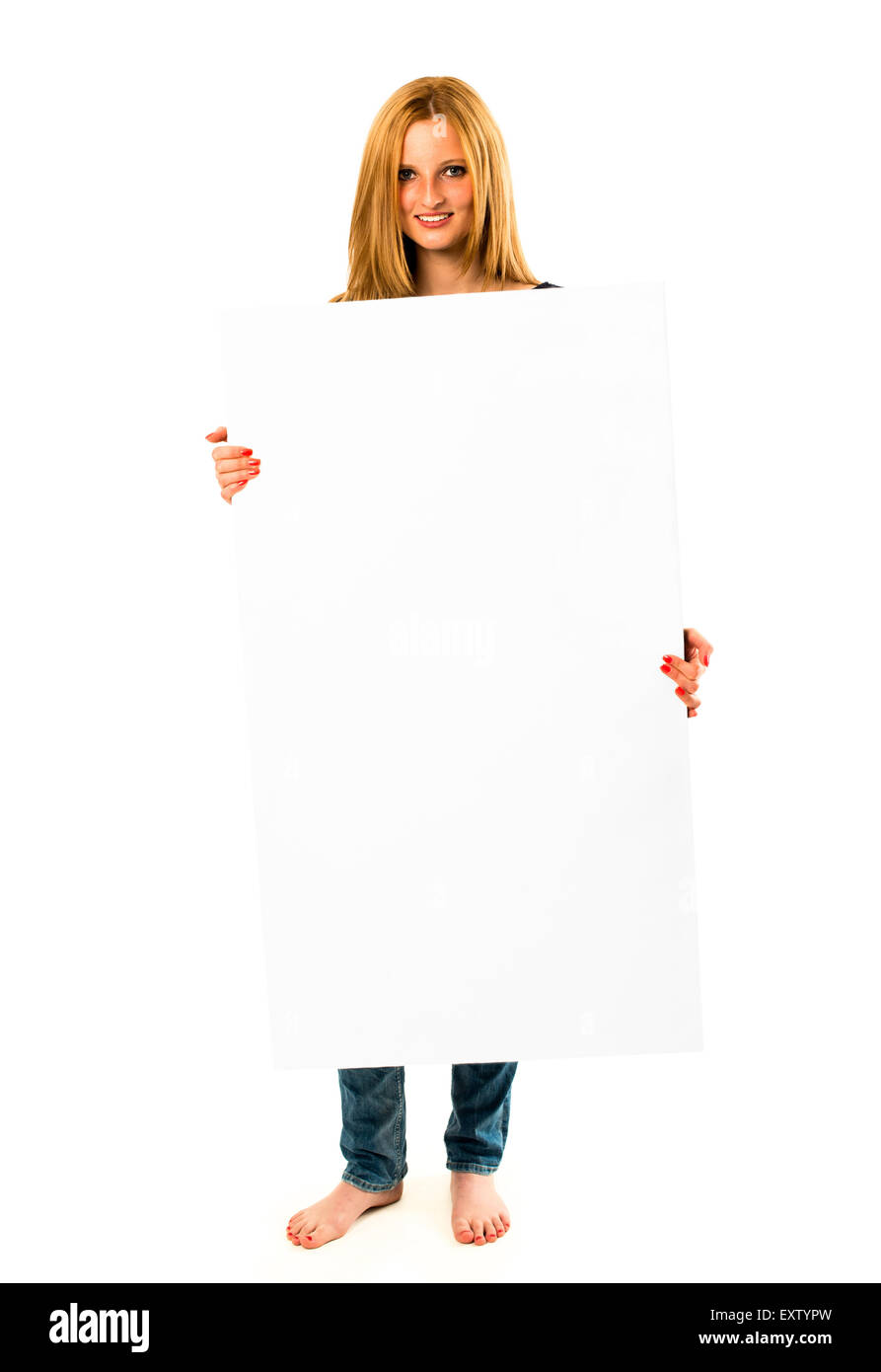 pretty young woman holding a white banner Stock Photo - Alamy